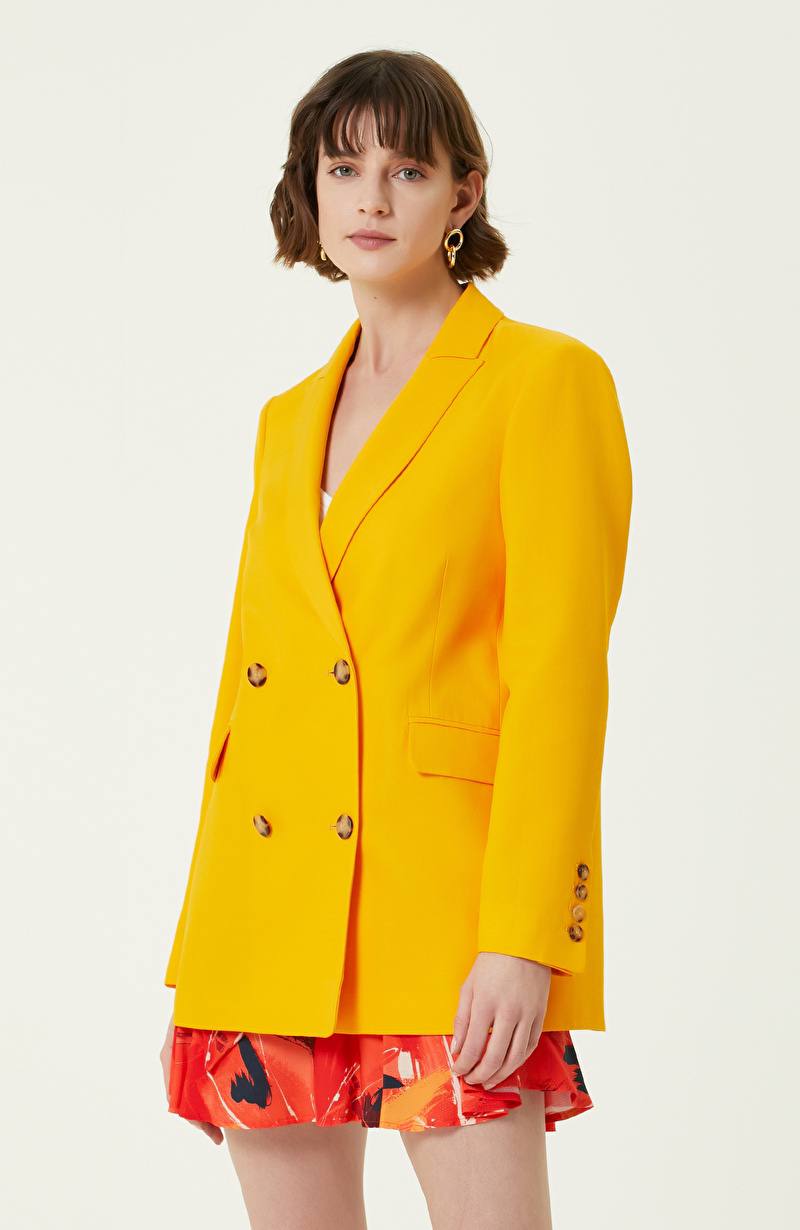 Yellow Double-Breasted Strong Shoulder Blazer - Elantur