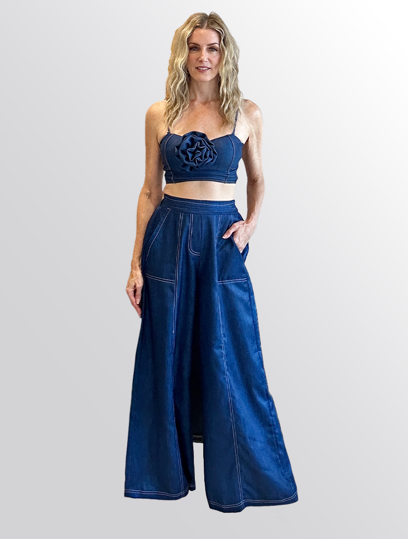 Swimsuit Set Off-Shoulder 3D Flower Denim Print - Elantur
