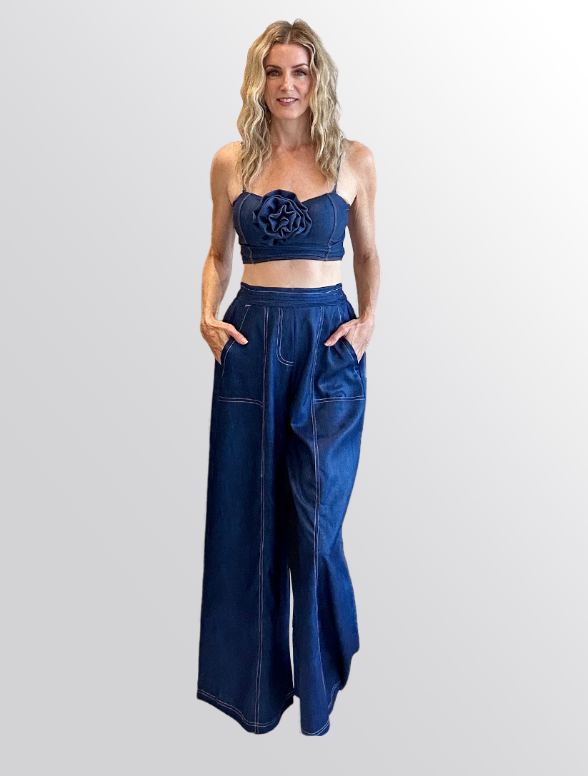 Swimsuit Set Off-Shoulder 3D Flower Denim Print - Elantur
